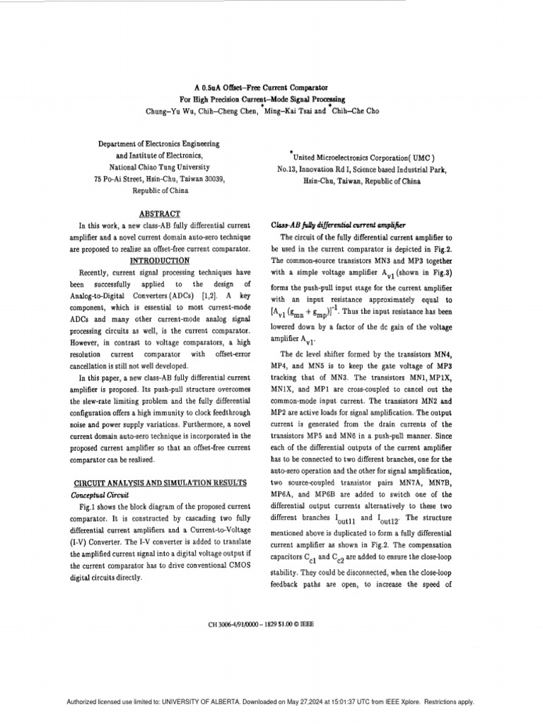 A 0.5 Mu A Offset-Free Current Comparator For High Precision Current-Mode Signal Processing ...