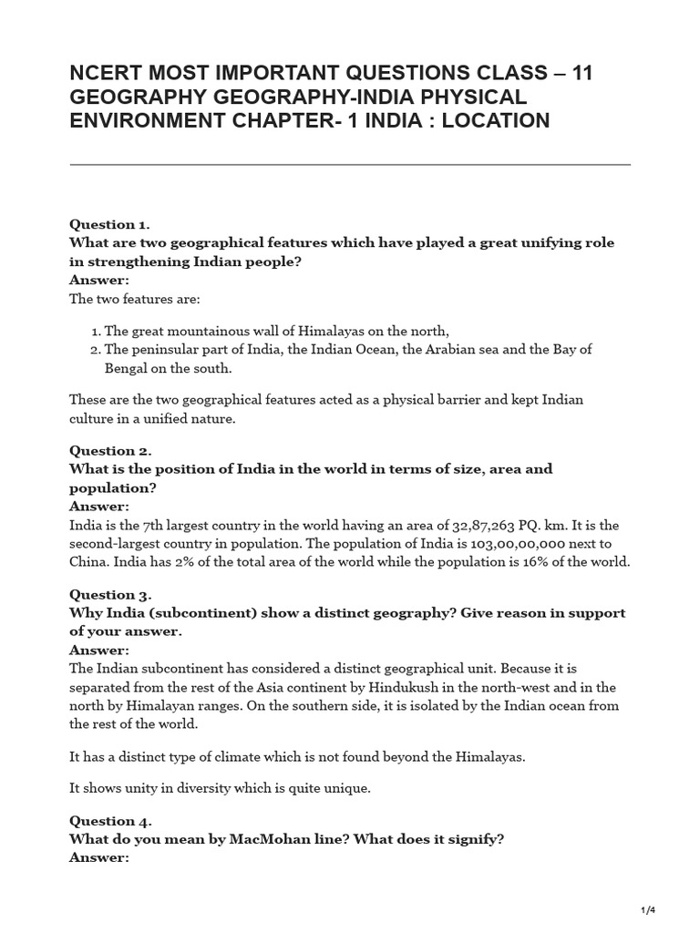 Class 11 1 Chapter Geography Important Questions 1 | PDF | Indian ...