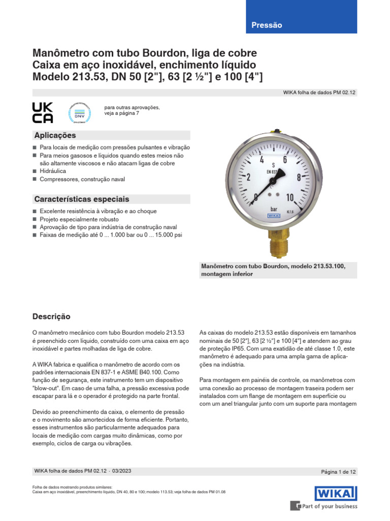 Manômetro de Pressão WIKA | Download grátis PDF | Medição de pressão ...