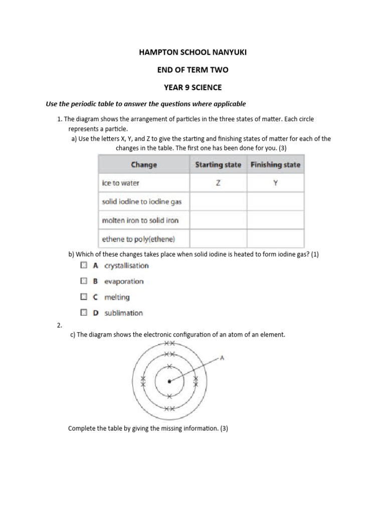 Year 9 Science Exam: Matter & Periodic Table | PDF | Atoms | Chemical ...