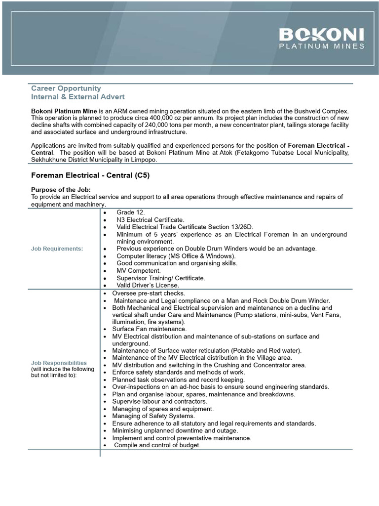 Advertisement Foreman Electrical | Download Free PDF | Mining