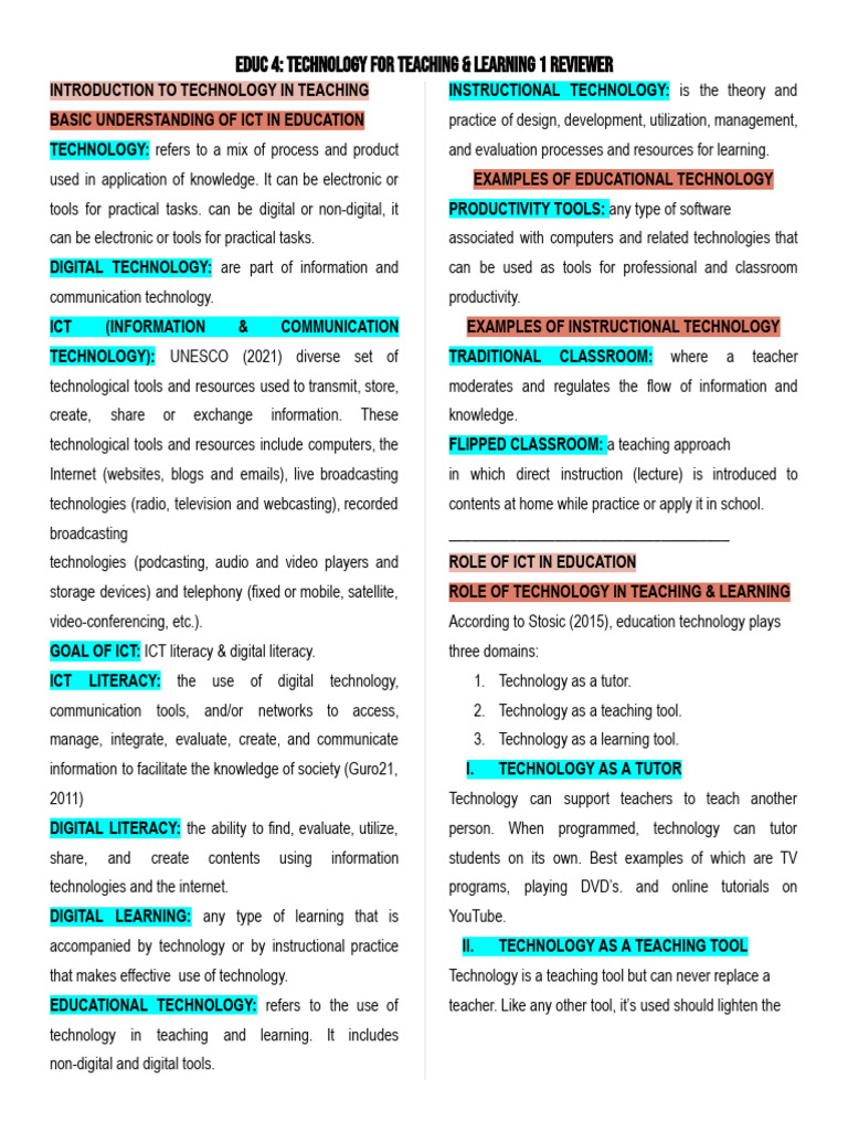 Educ 4 Midterm Reviewer | PDF | Educational Technology | Learning