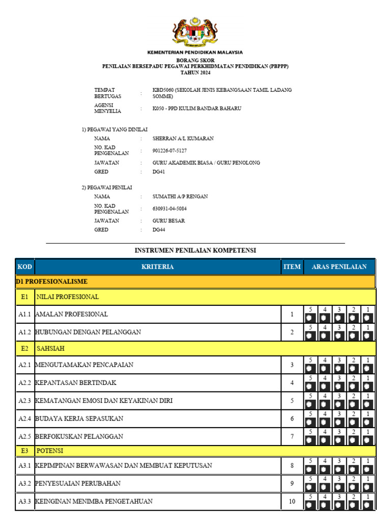 Borang Skor PBPPP | PDF