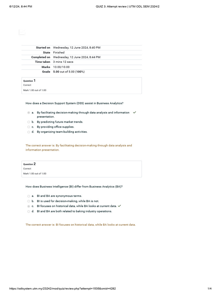 CH 5 Quiz 3 - Attempt Review - Utm Odl Sem 2324 - 2 | PDF | Analytics | Errors And Residuals