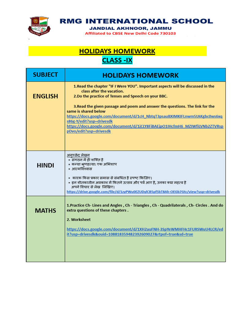Class IX Holiday Homework Assignments | PDF