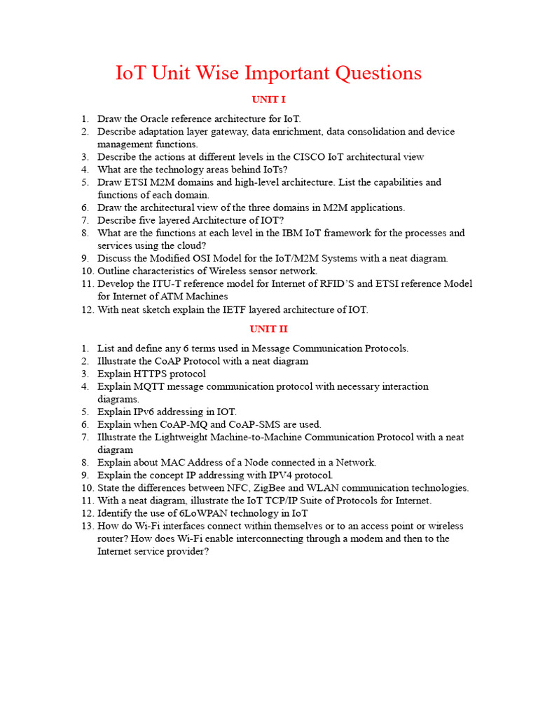 IoT Unit Wise Important Questions | PDF