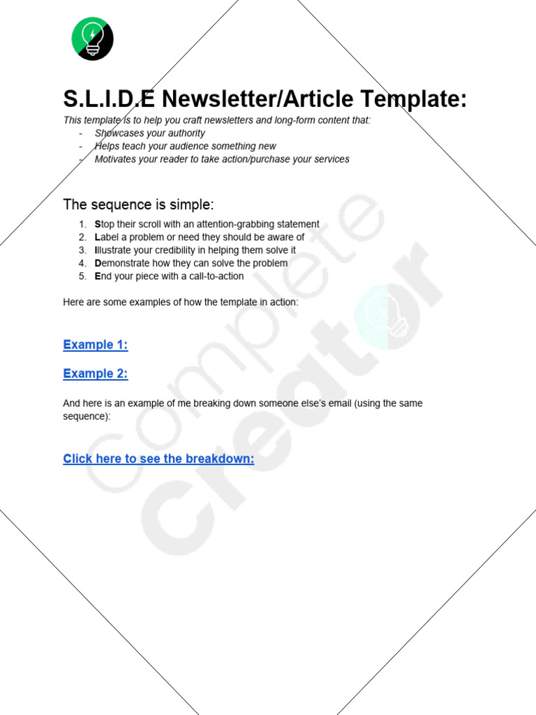 Jon Brosio Complete Creator S.L.I.D.E Newsletter - Article Template | PDF