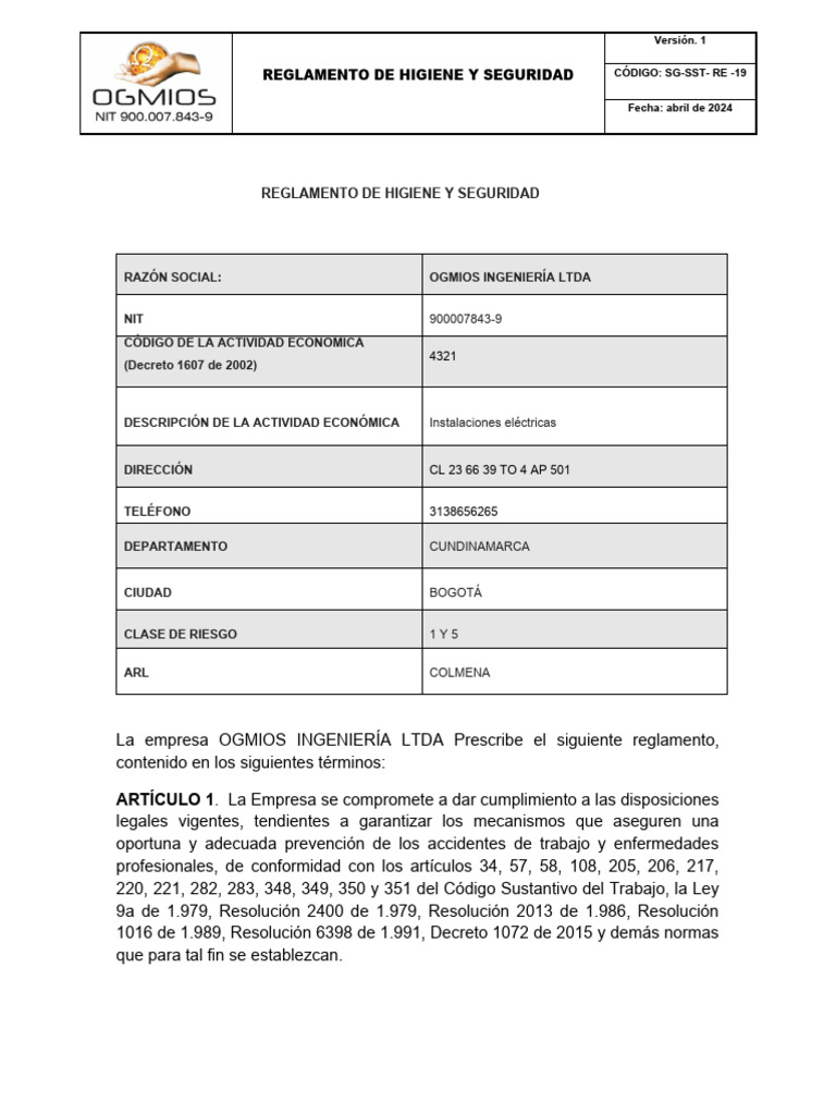 SG-SST-RE-01 Reglamento de Higiene y Seguridad Industrial Ogmios ... SG-SST-RE-01 Reglamento de Higiene y Seguridad Industrial Ogmios ...