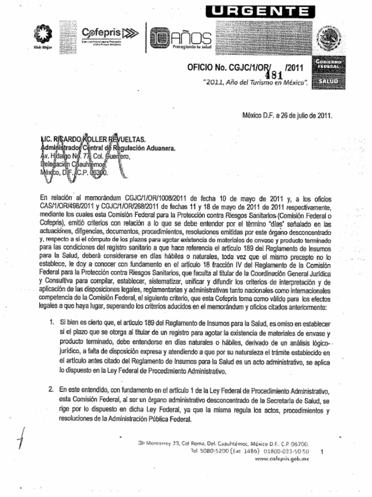 Oficio CGJC-1-OR-481-2011 COFEPRIS, Interpretación Días | PDF