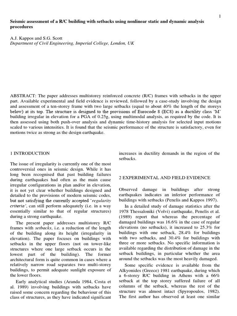 Seismic Assessment of A R/C Building With Setbacks Using Nonlinear Static and Dynamic Analysis ...