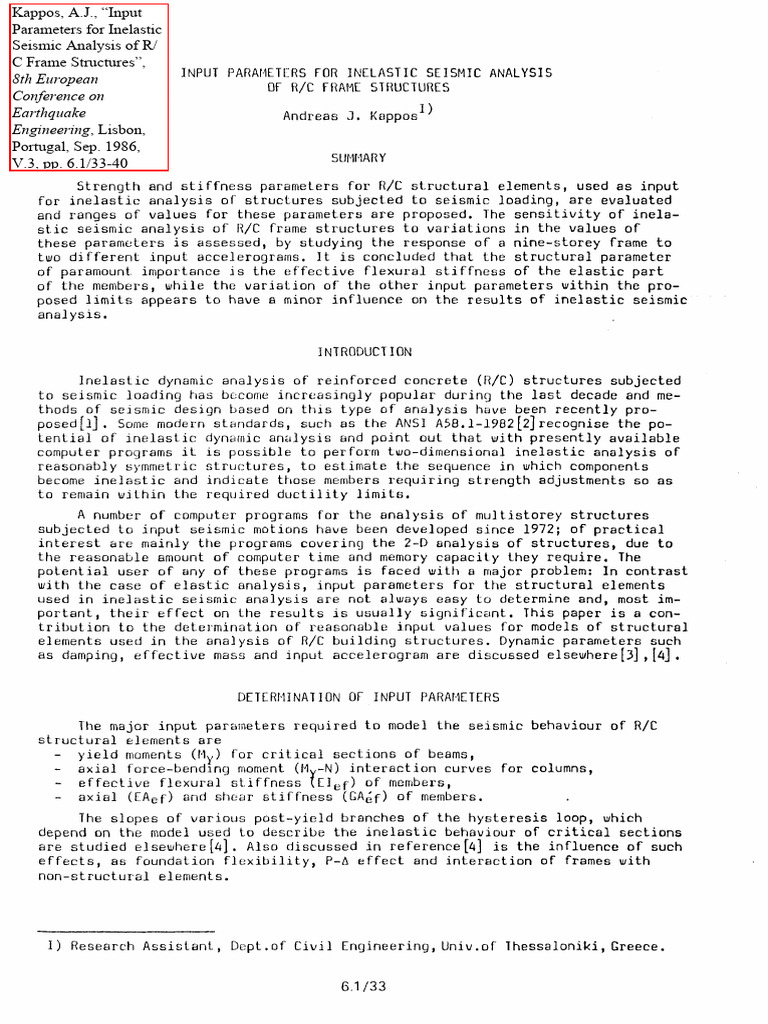Input Parameters for Inelastic Seismic Analysis of R/C Frame Structures ...