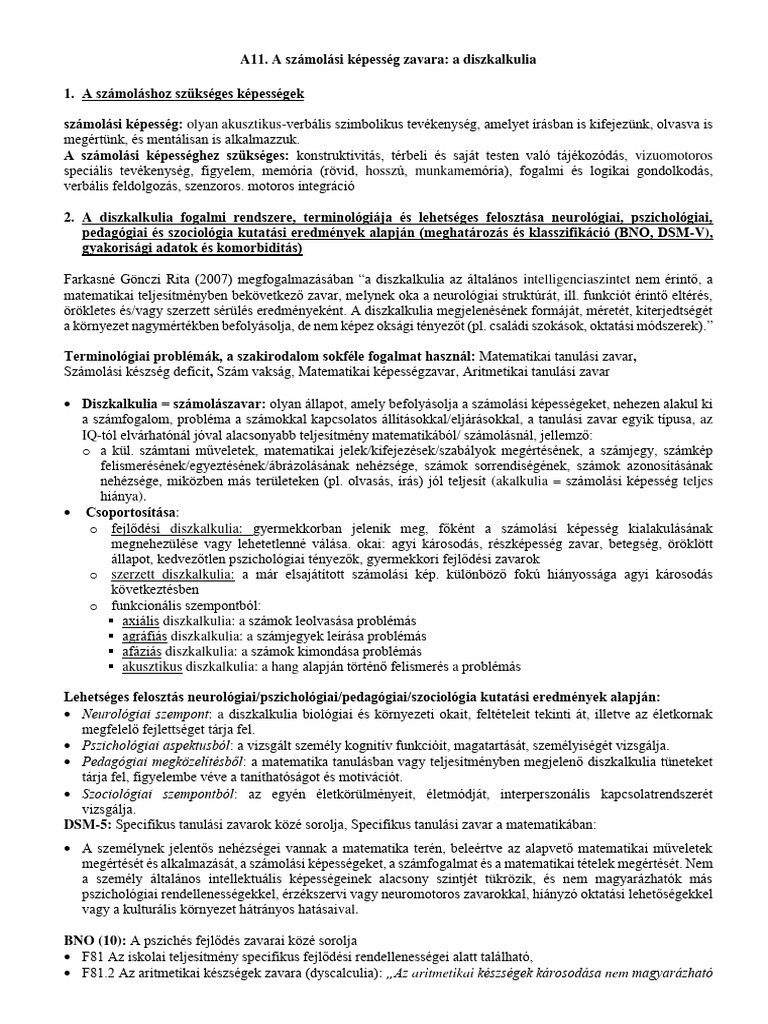 A11. Tétel - A Számolási Képesség Zavara, A Diszkalkulia | PDF