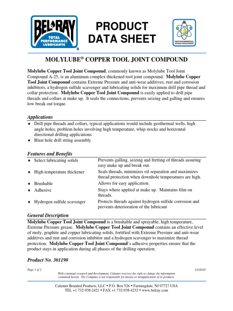 Molylube Copper Tool Joint Compound - PDS | PDF | Lubricant | Pipe ...
