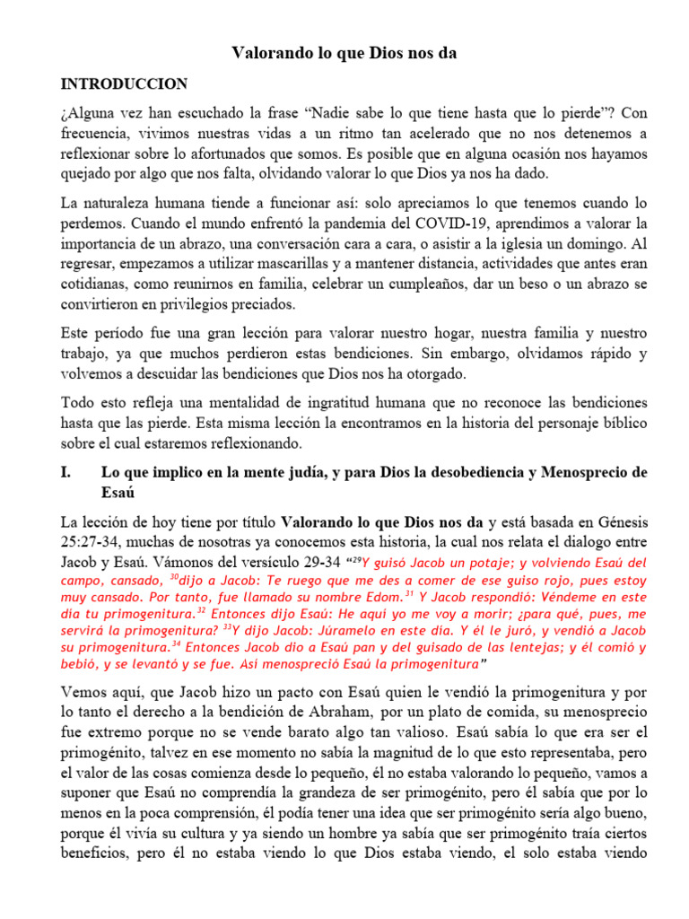 Valorando Lo Que Dios Nos Da - Actual | PDF | Jacob | Cristo (título)