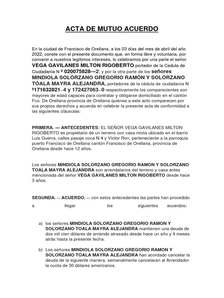 Acta de Mutuo Acuerdo | PDF