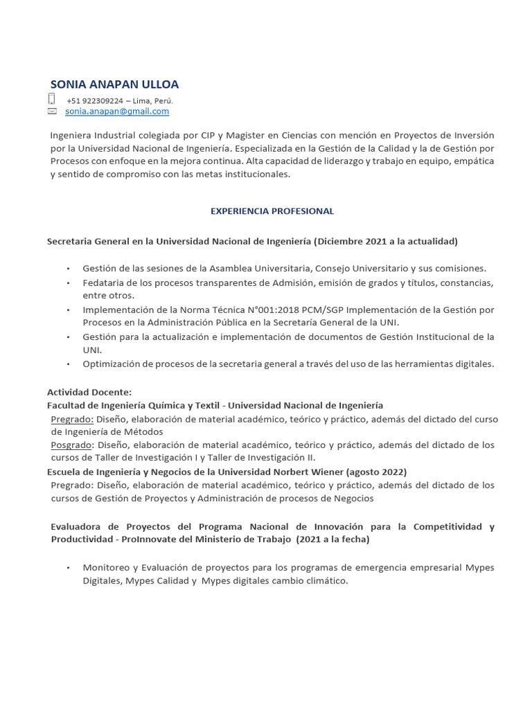 CV MG. SONIA ANAPAN ULLOA_2024 2304 | Descargar gratis PDF | Calidad (comercial) | Ingeniería