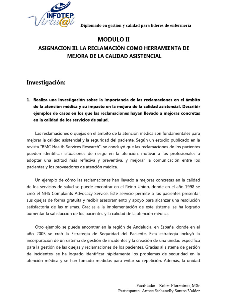 Modulo Ii. Asignacion Iii. La Reclamación Como Herramienta de Mejora de La Calidad Asistencial ...