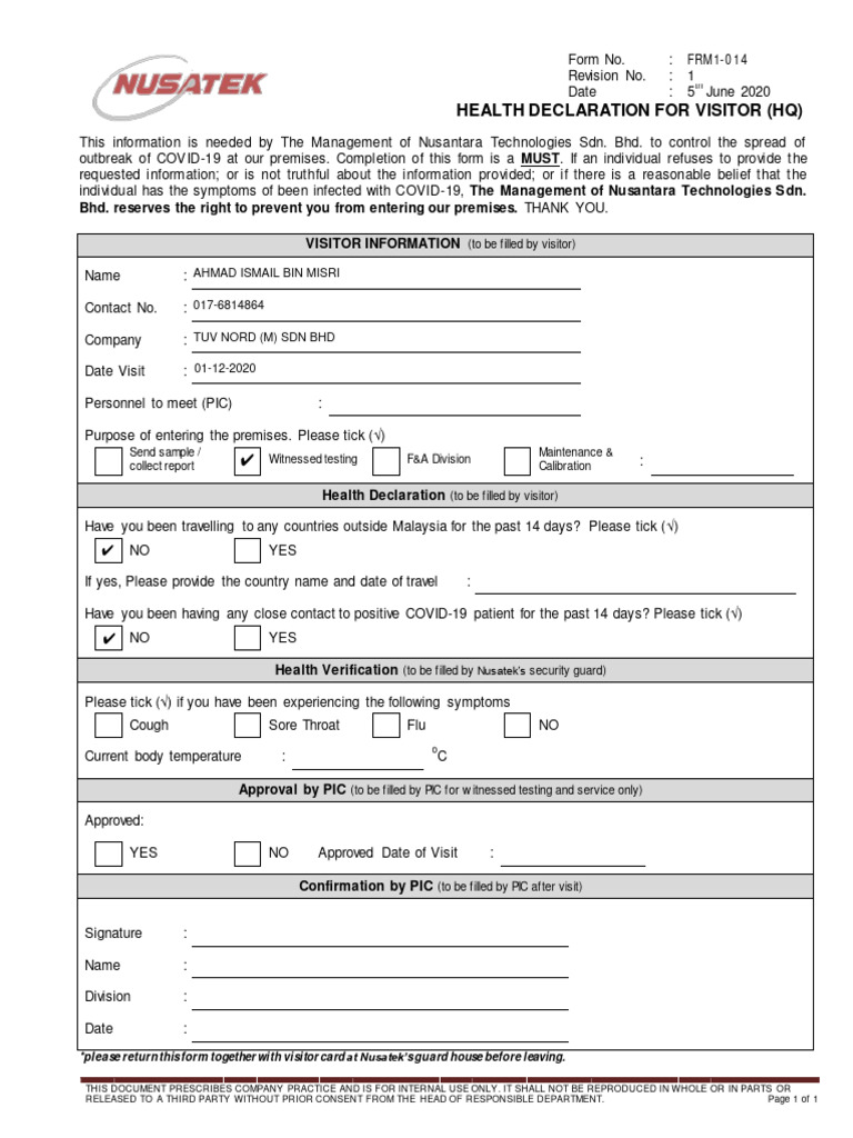 Health Declaration For Visitor (HQ) Form - Rev01 | PDF | Clinical ...
