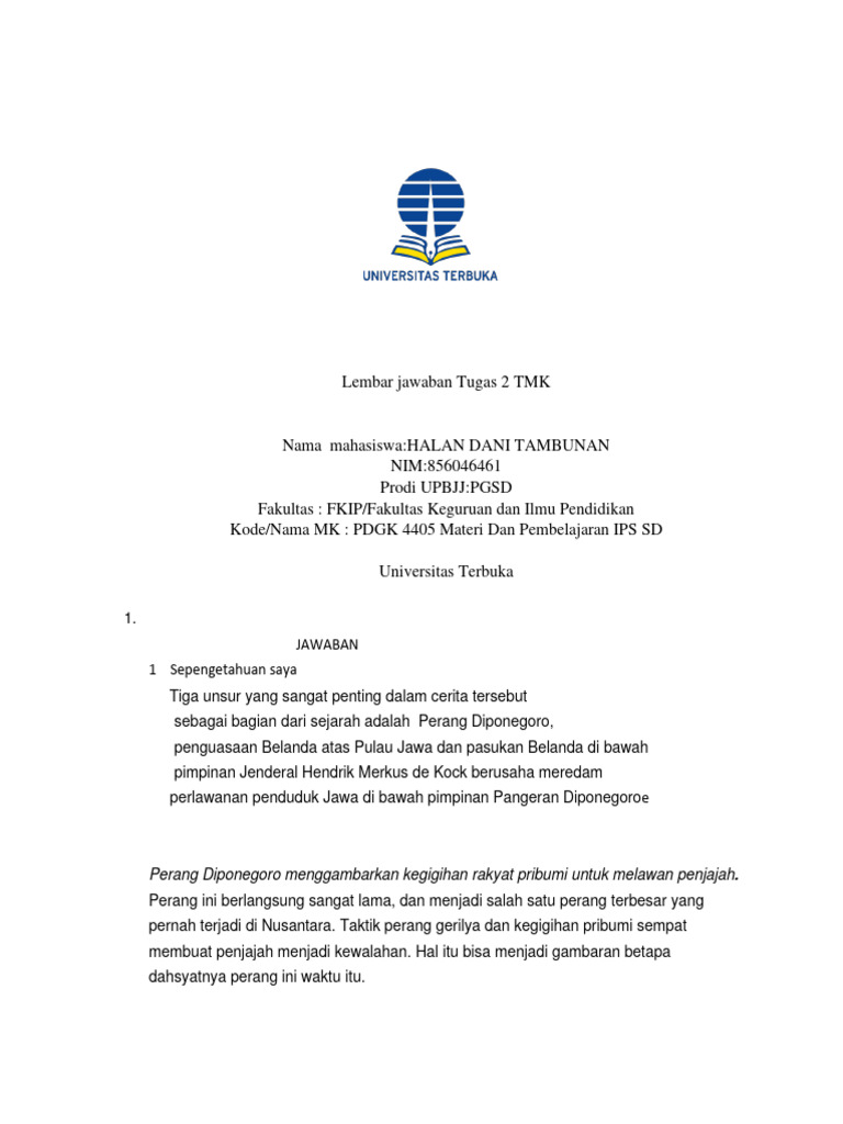 Format Jawaban TMK MATERI DAN PEMBELAJARAN IPS SD | PDF