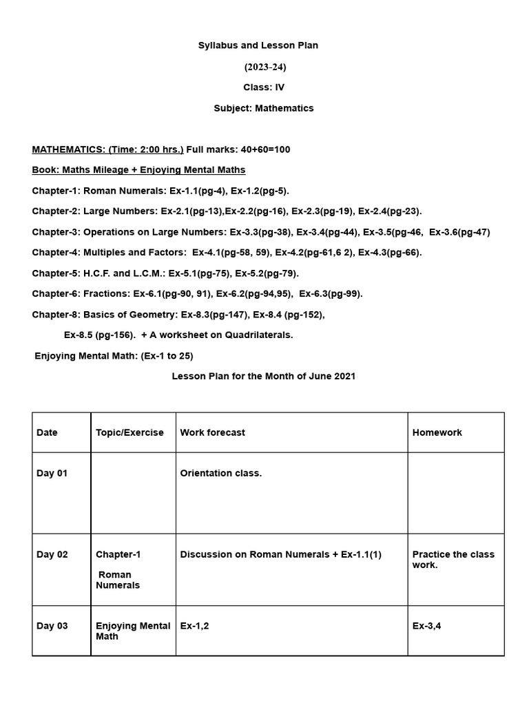 Class - IV, Mathematics-Syllabus and Lesson Plan | PDF | Subtraction ...