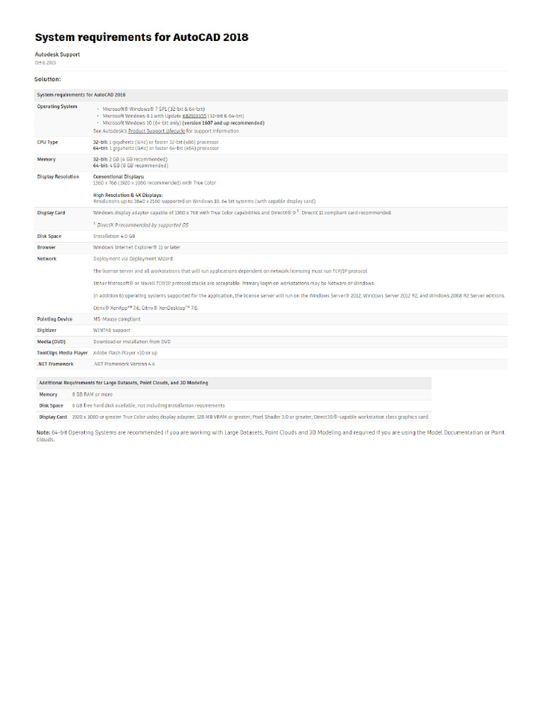 AutoCAD 2018 Computer Minimum Requirements | PDF