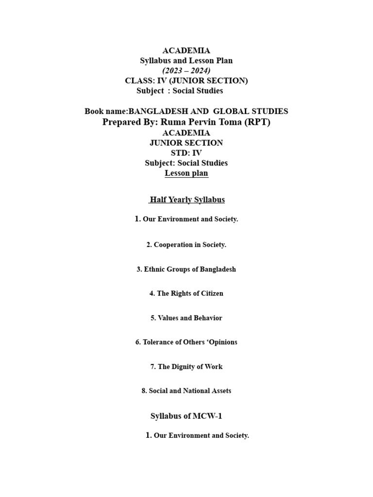 Class - IV, Social Studies - Syllabus and Lesson Plane | PDF | Society ...