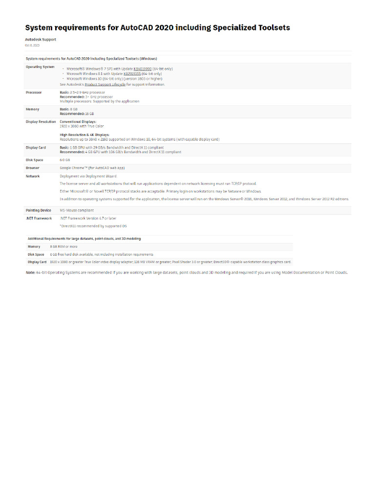 AutoCAD 2020 Computer Minimum Requirements | PDF