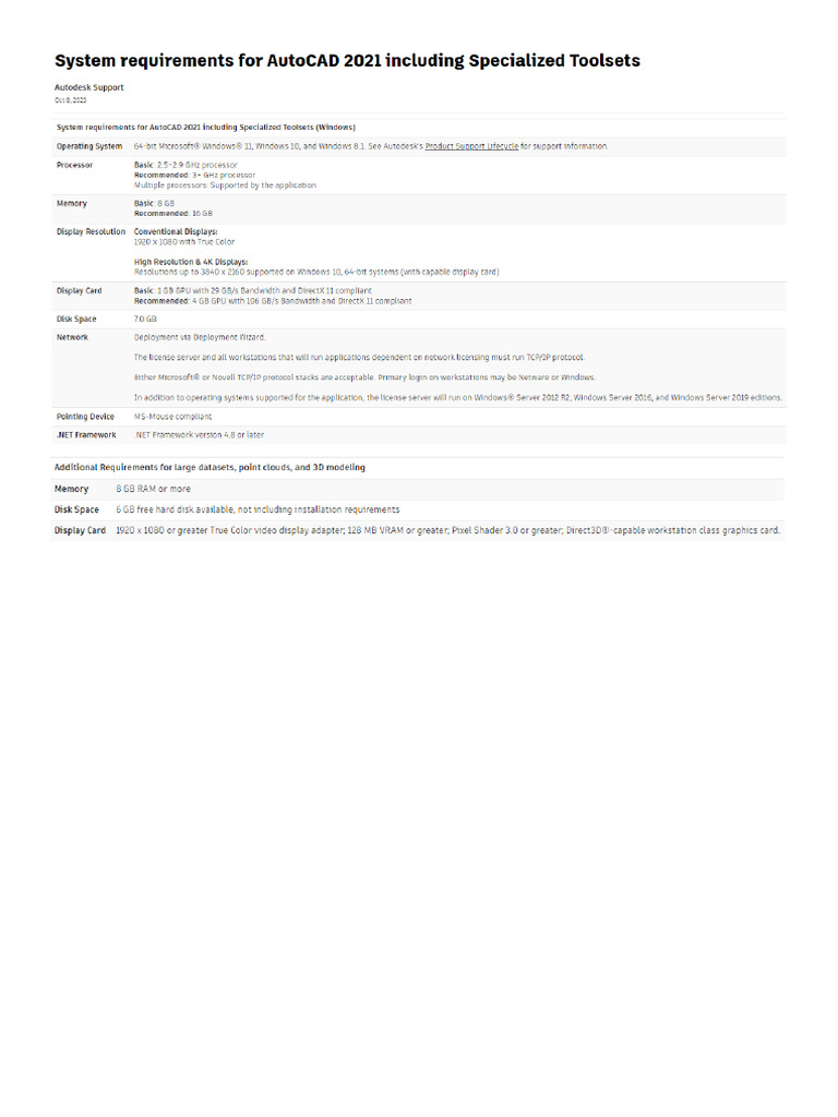 AutoCAD 2021 Computer Minimum Requirements | PDF