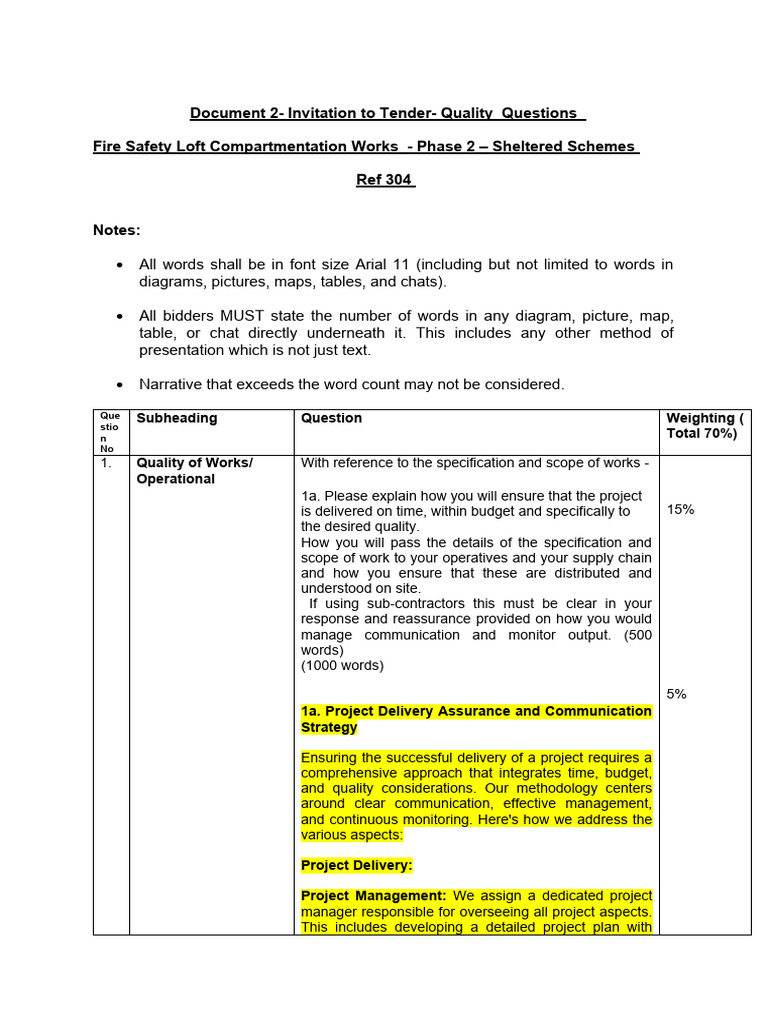 Schedule 2 - ITT Questions and Weightings - Ref 304 | PDF ...