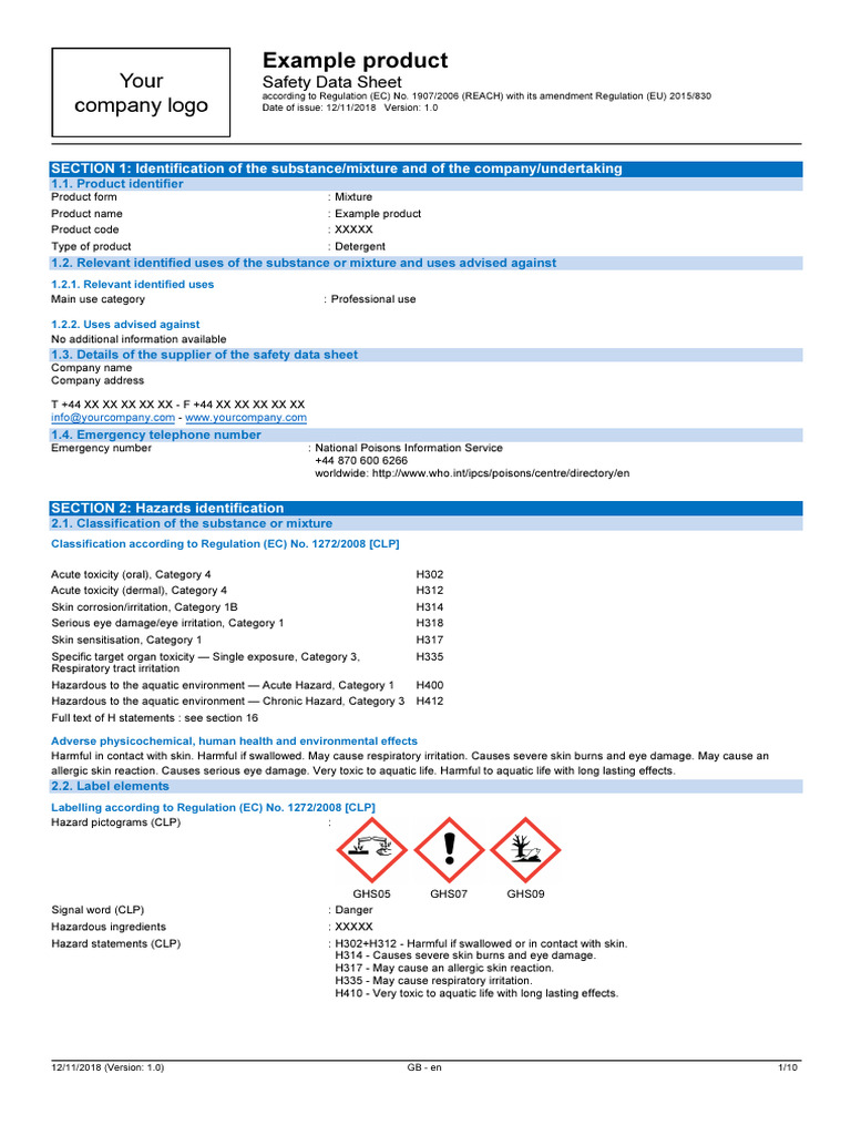 example-SDS | PDF | Toxicity | Dangerous Goods