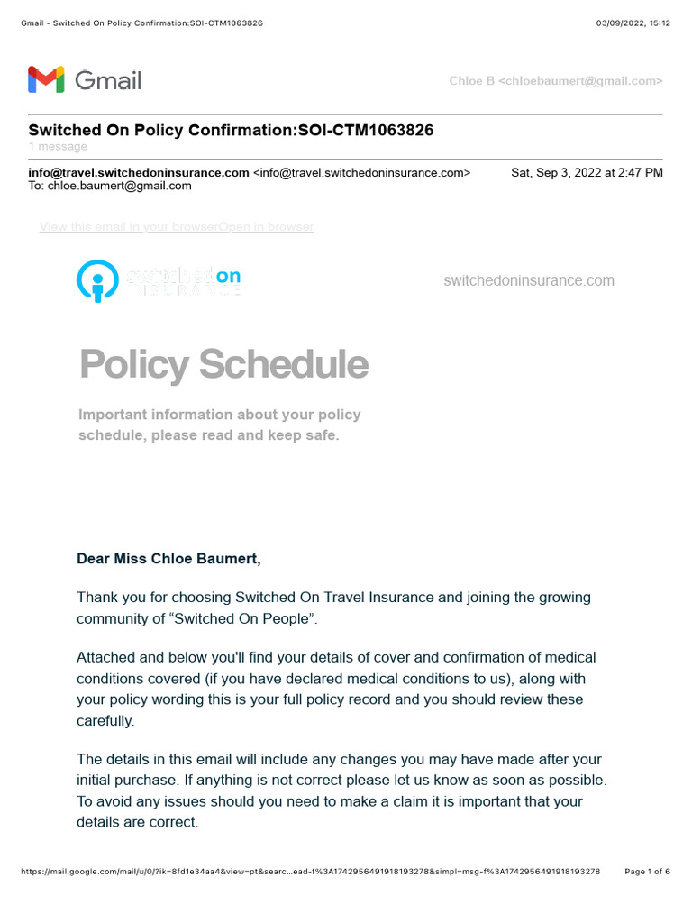 Gmail - Switched On Policy Confirmation:SOI-CTM1063826 | PDF | Insurance