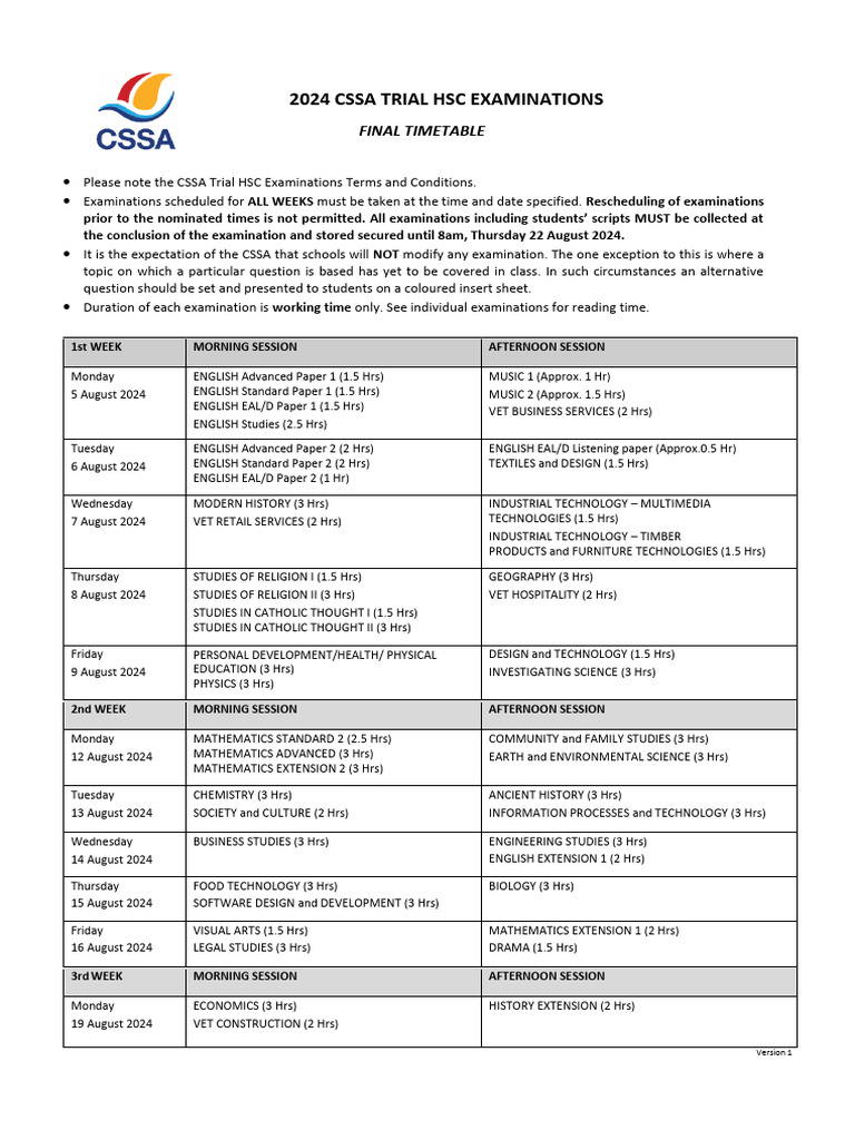 2024 CSSA Trial HSC Examinations Timetable-FINAL | PDF | Human Resource Management | Science