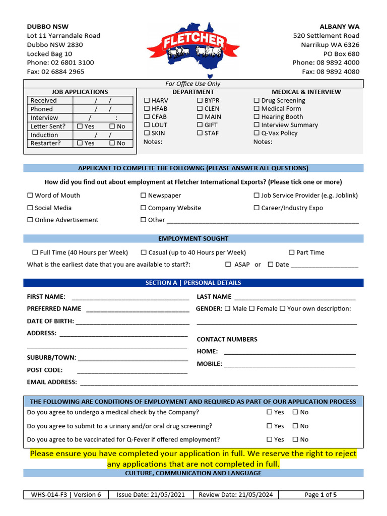 Job Application Form Template | PDF | Occupational Safety And Health ...
