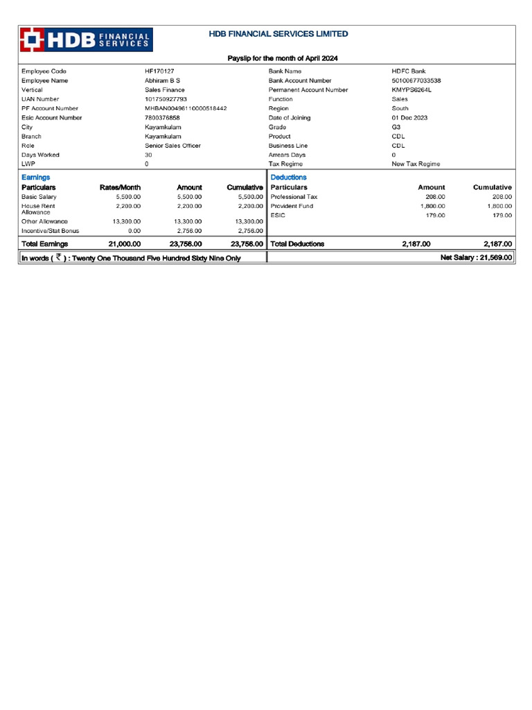 Payslip 2024 2025 4 hf170127 HDBFS - 240528 - 181918 | PDF