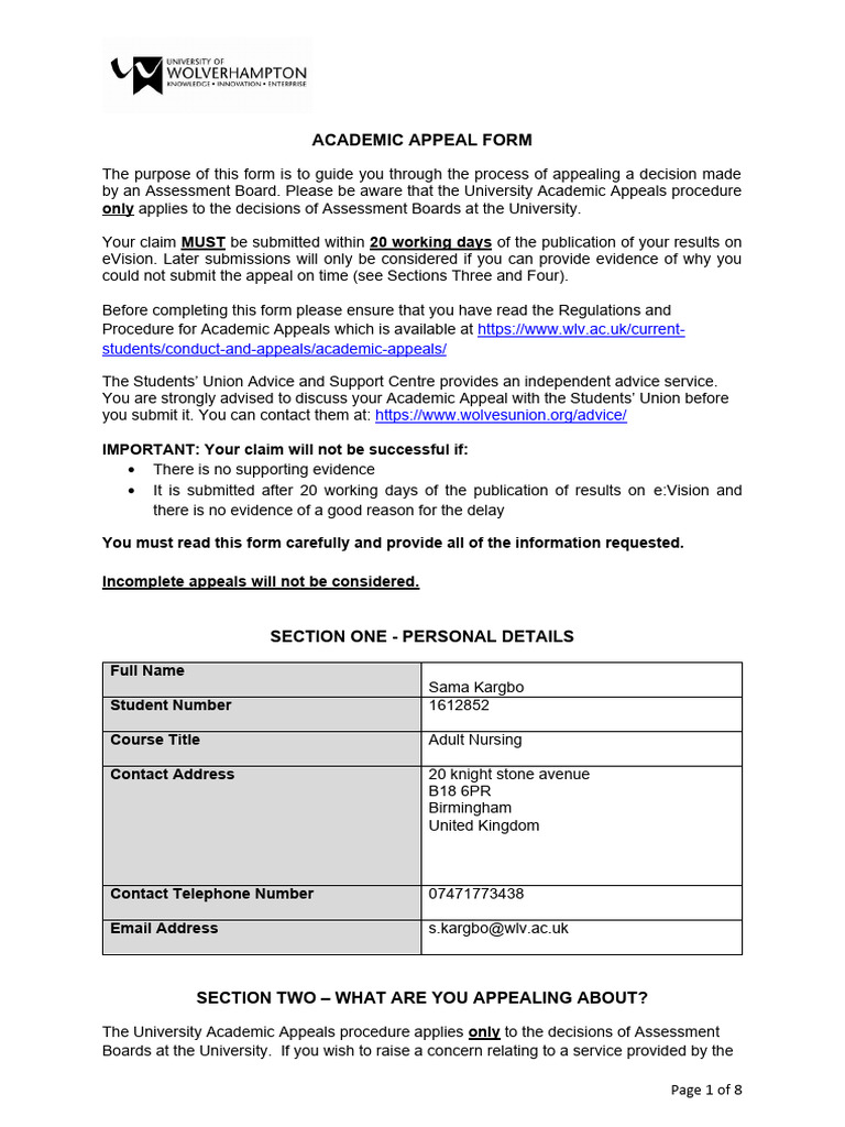 Academic - Appeal-Form - Sama Kargbo | PDF | Appeal | Mitigating Factor