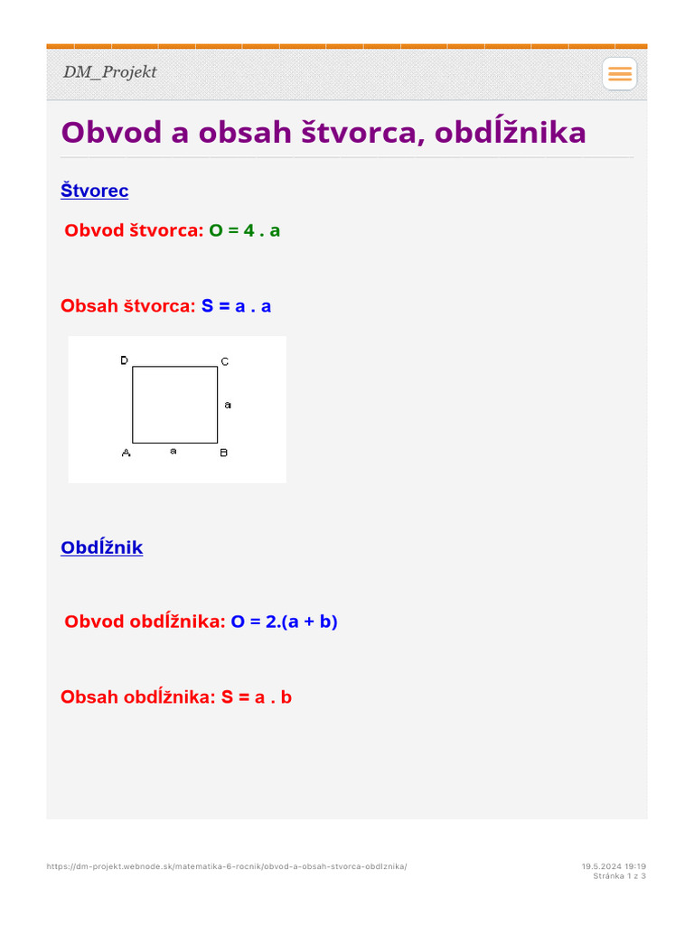 Obvod A Obsah Štvorca, Obdĺžnika - DM - Projekt | PDF