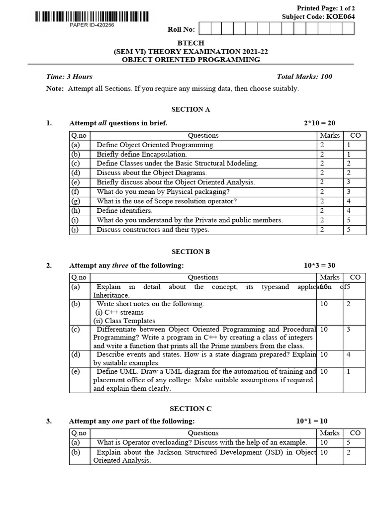 Btech Oe 6 Sem Object Oriented Programming Koe064 2022 | PDF | Object (Computer Science ...