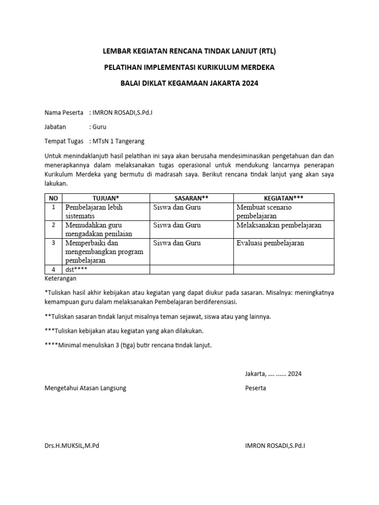 Lembar Kegiatan Rencana Tindak Lanjut | PDF