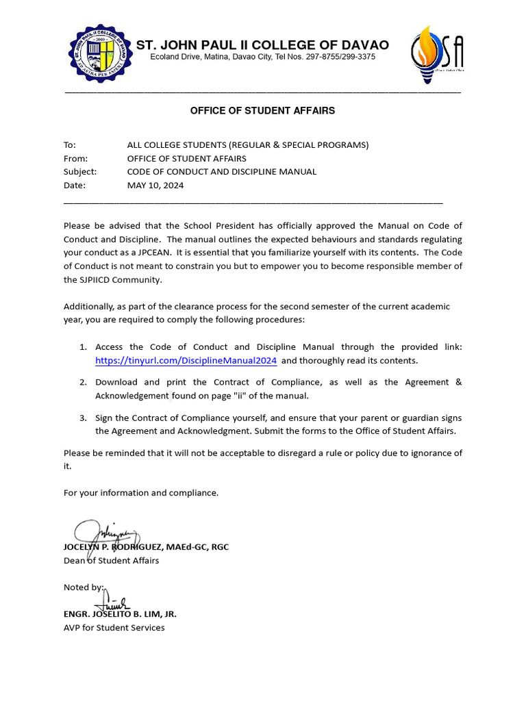 Memo - Code of Conduct and Discipline | PDF
