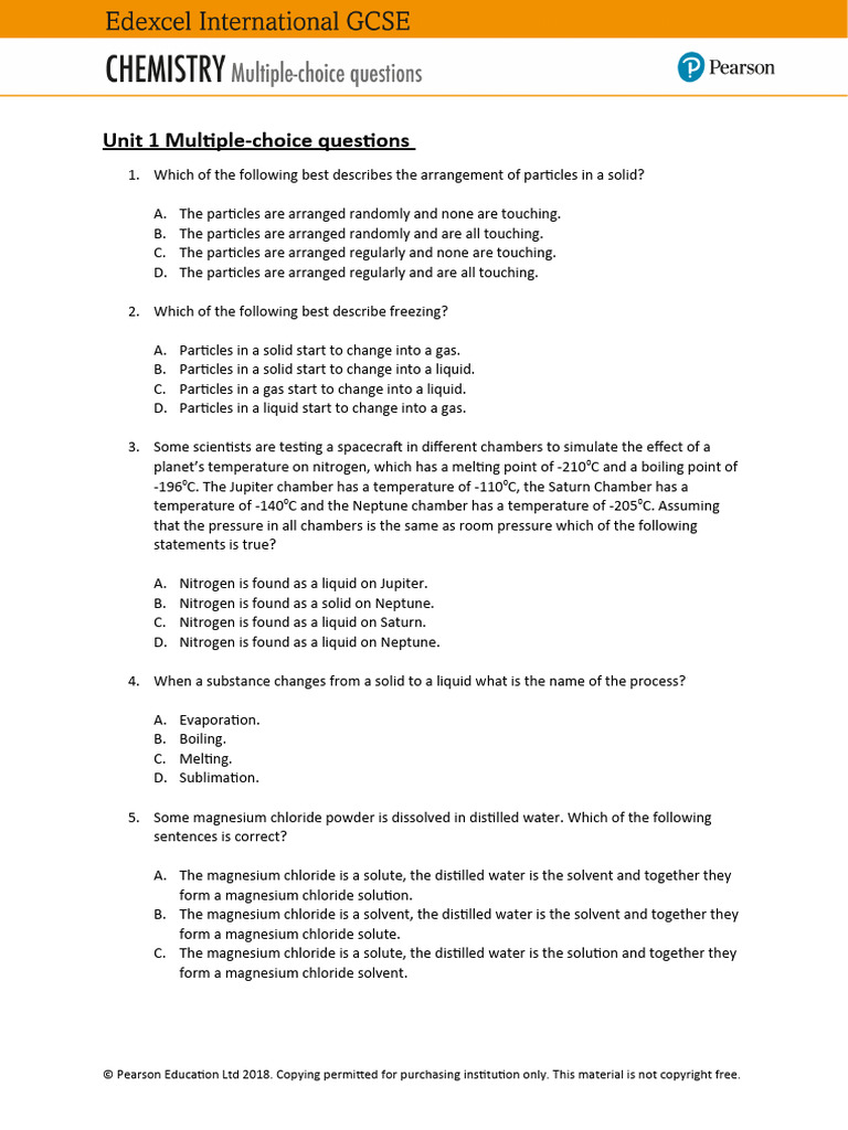 Igcse Doubleaward Chem MCQ Unit1 | PDF | Chemical Bond | Covalent Bond
