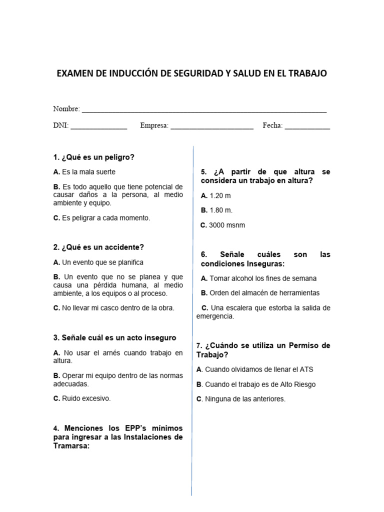 Examen de Inducción SST | PDF Examen de Inducción SST | PDF