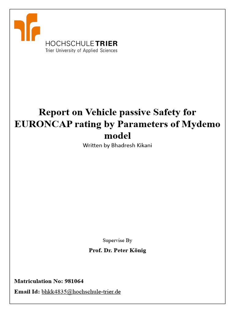 Report on Vehicle passive Safety for EURONCAP rating by Parameters of Mydemo model | Download ...