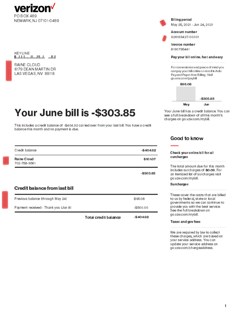 Verizon Bill Statement May-June 2021 | PDF | Fee | Credit Card