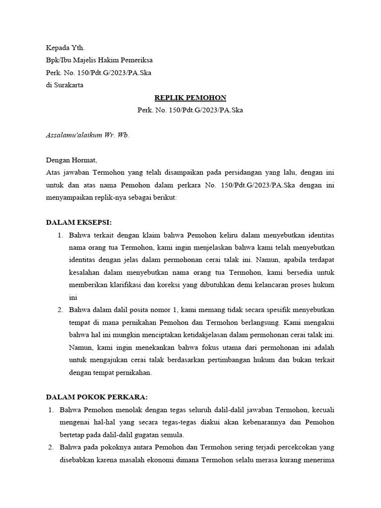 Replik Pemohon Cerai Talak PA Surakarta | PDF