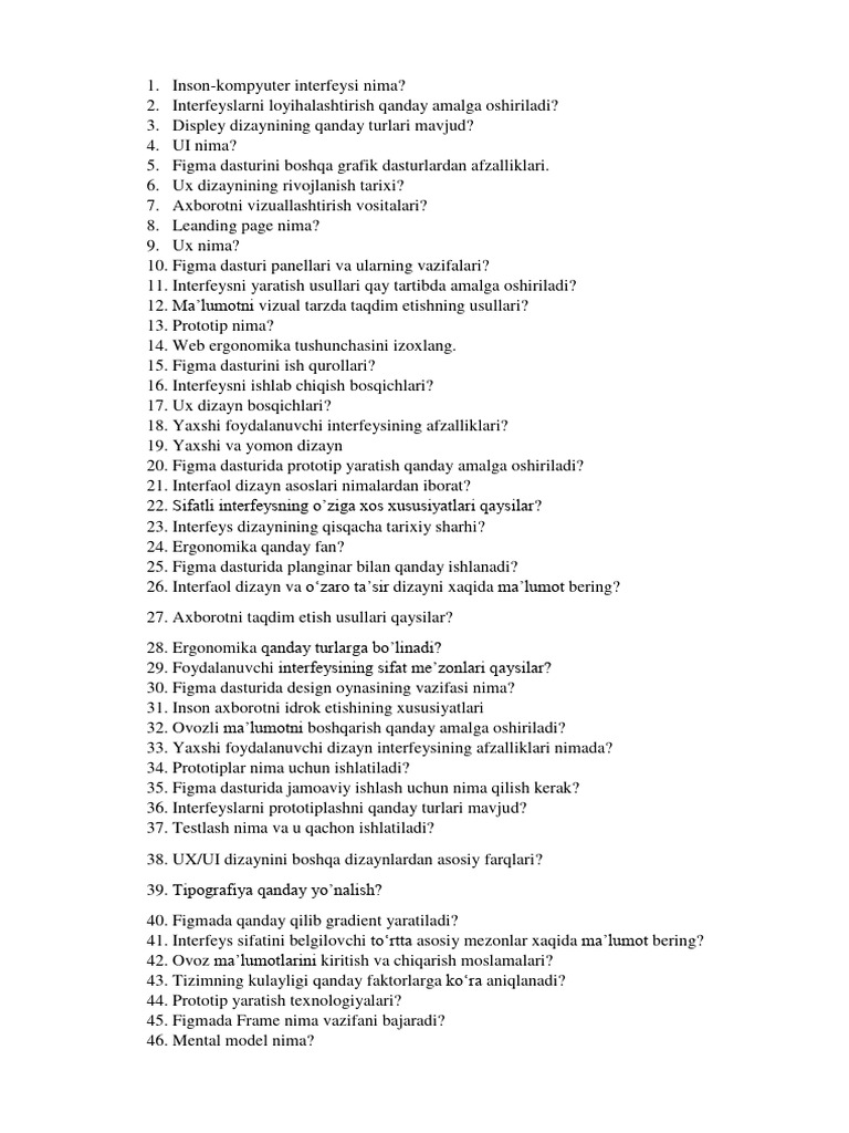 Yakuniy Nazorat Savollari | PDF