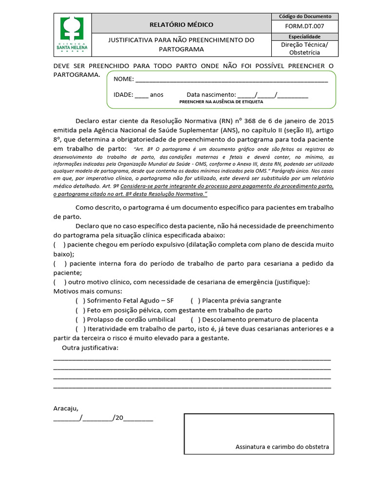 Form - DT.007.00 - Relatório para Não Uso de Partograma | PDF | Parto | Gravidez