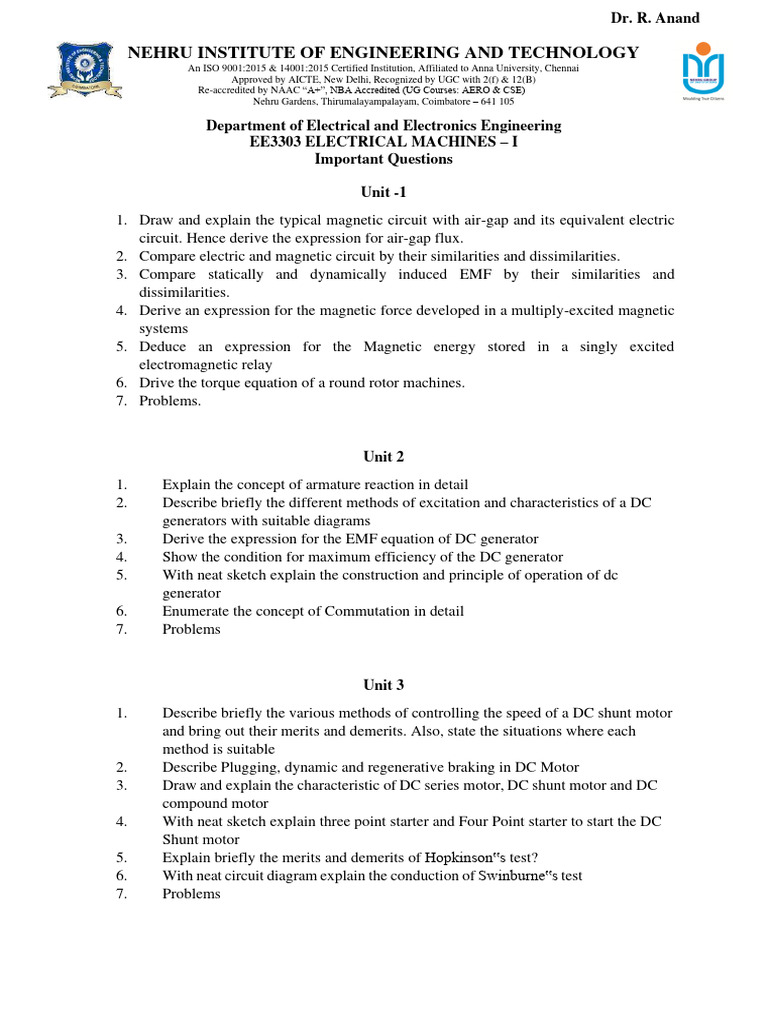 Important Questions Unit Wise - EE3303 ELECTRICAL MACHINES - I | PDF ...