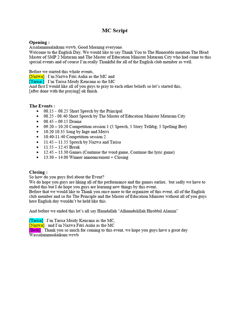 MC Script For English Day Salinan | PDF