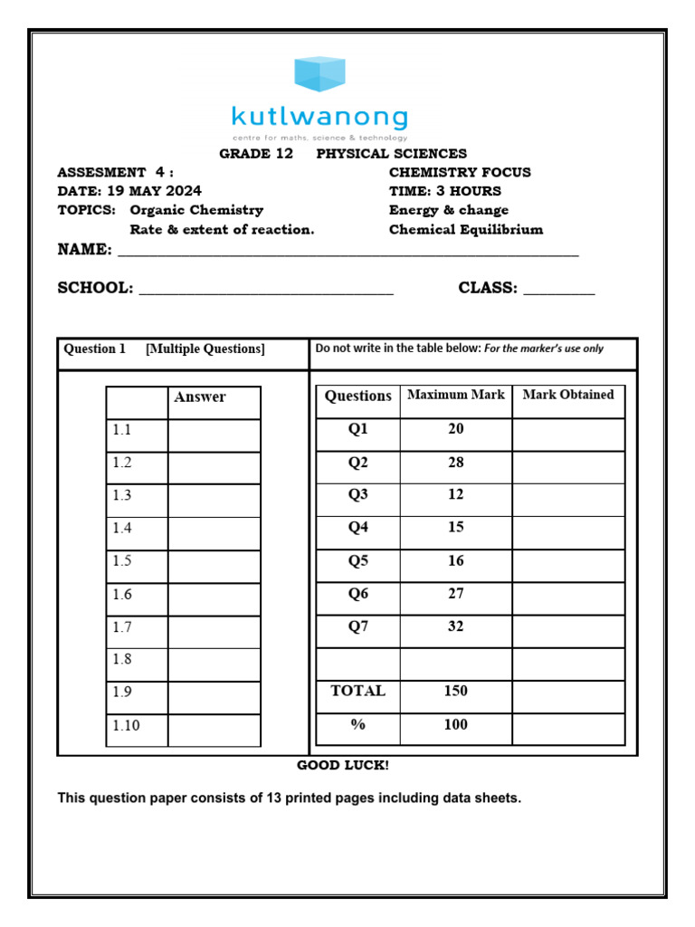 Grade 12 Physical Sciences Assesment 4 Mod Final | PDF | Reaction Rate ...