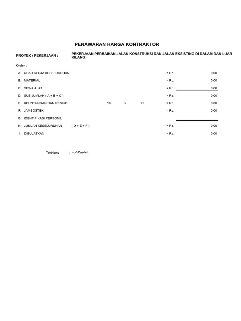 BoQ Kontrak Unit Rate Perbaikan Jalan Konstruksi RDMP - R.01 | PDF